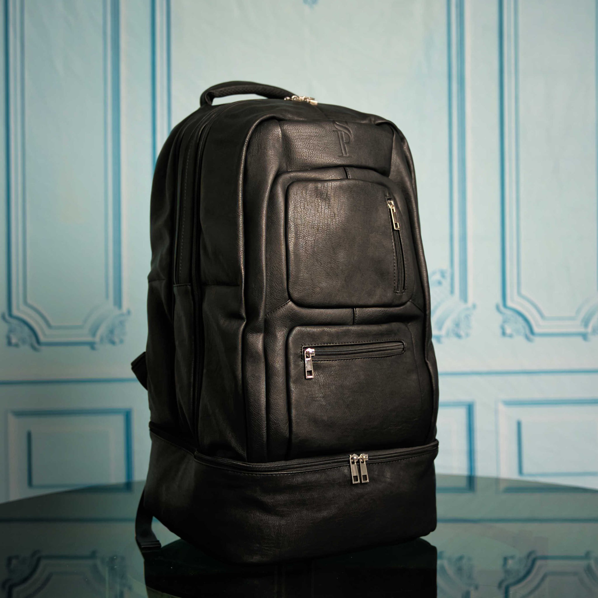 Black Leather Luxury Carry On Backpack (Patented Signature Design)