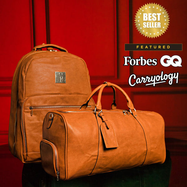 Brown Tumbled Leather 2 Bag Set (Commuter Backpack and Duffle Bag)