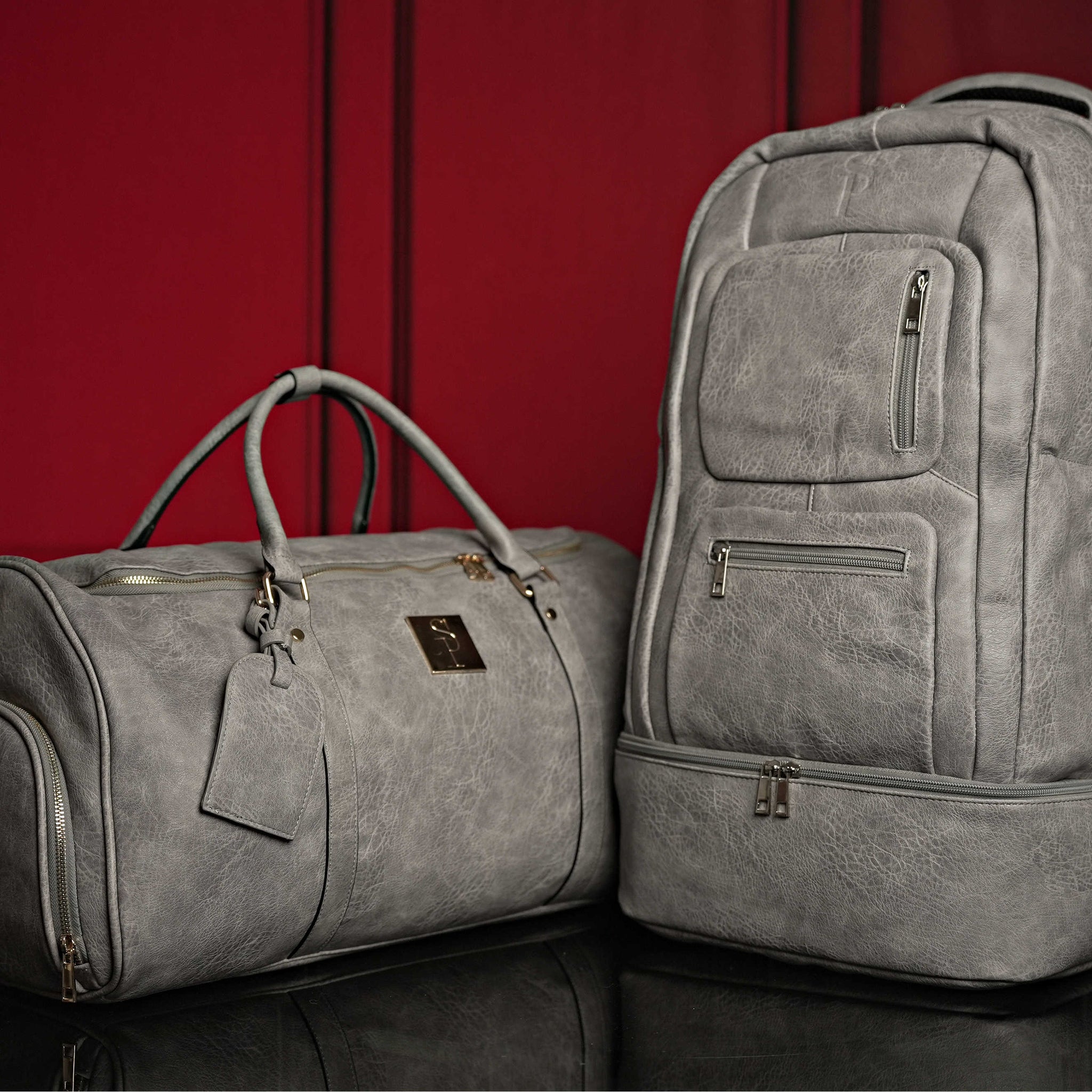 Grey Tumbled Leather Signature Bag Set (Signature Backpack and Duffle