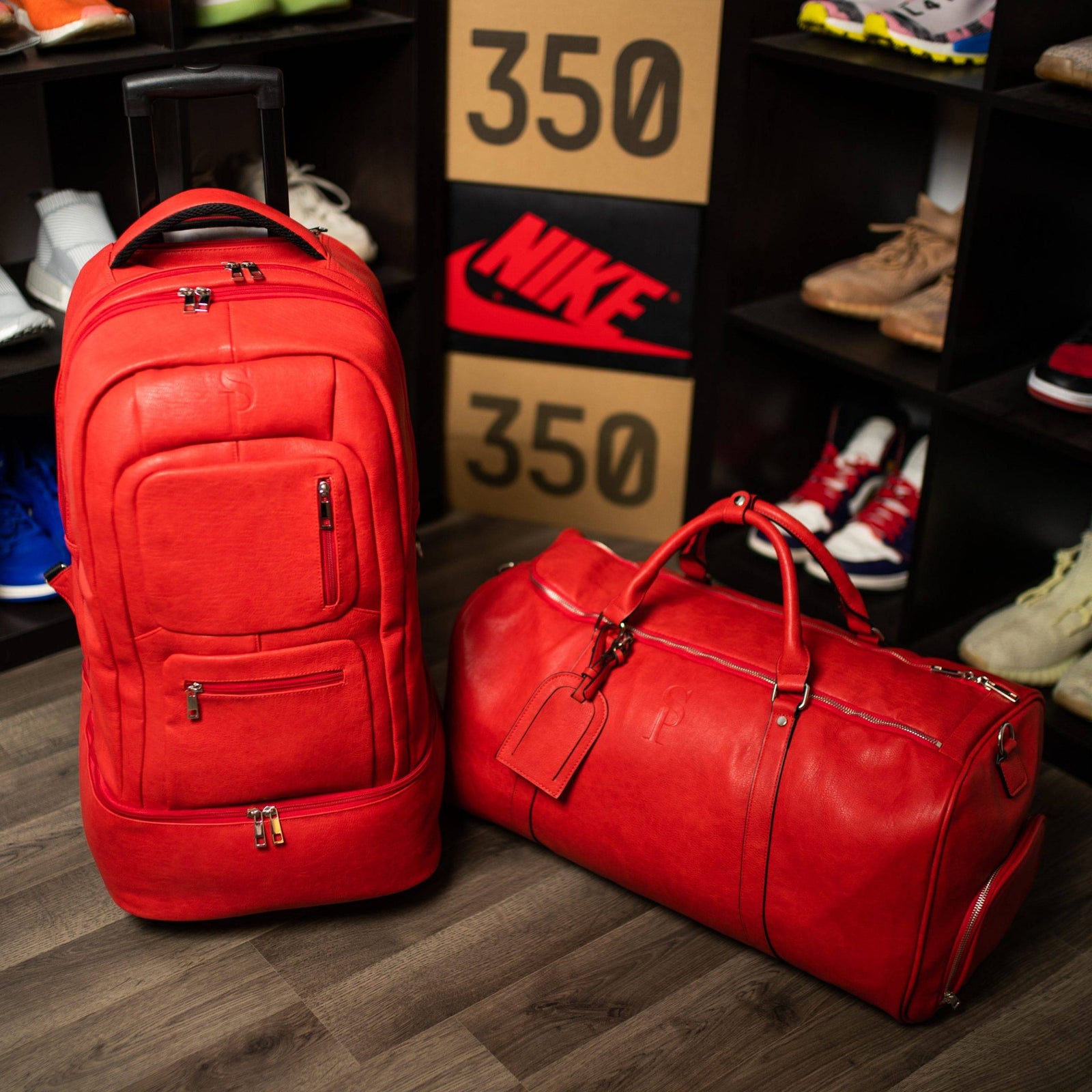 Red Tumbled Leather Roller Bag Set