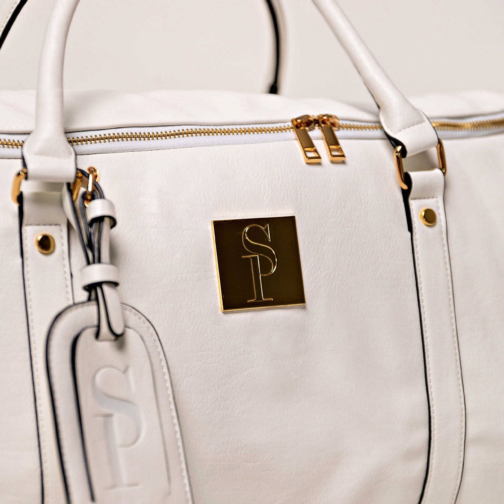 White Leather Weekender Duffle Bag
